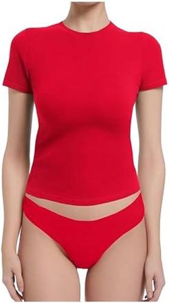 Generic T-shirts à manches courtes pour femmes, t-shirts basiques cintrés, hauts de soirée Y2k, pyjama pour partenaires, rouge, S