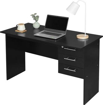 Woltu Woltu - Table de bureau Table dordinateur en bois, Table de travail avec 3 tiroirs et verrou, 120x59x75 cm, Noir