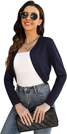 KOJOOIN Cardigan Court Boléro Femme Tricoté Élégant Épaule Veste Bleu foncé (tricoté) L
