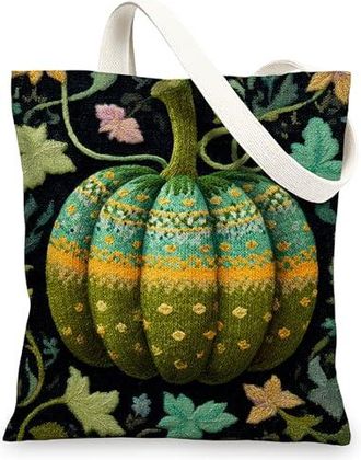 Generic Sacs fourre-tout en toile artistique, motif citrouille vintage, sacs dépicerie réutilisables, légers et lavables avec bandoulière, vert, 13x15 Inch