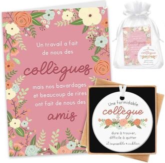 Jetec 4 Pi&egrave;ces Cadeau No&euml;l Coll&egrave;gue de Travail Femme Carte Rose &agrave; Motifs Floraux Ornement &agrave; Suspendre en C&eacute;ramique Bo&icirc;te Cadeau Sac en Organza Id&eacute;e pour Ami