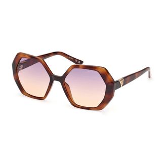 Guess Femme, Accessoires, Brun, Taille: ONE Size Lunettes de Soleil Hexagonales Marron avec D&eacute;tails Contrast&eacute;s