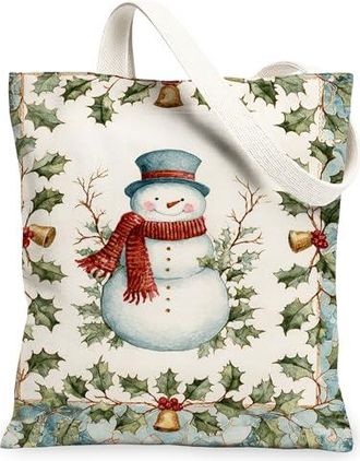 Generic Sacs fourre-tout en toile motif bonhomme de neige, sacs de courses r&eacute;utilisables, vintage, festif, l&eacute;ger, lavable, Blanc, 13x15 Inch