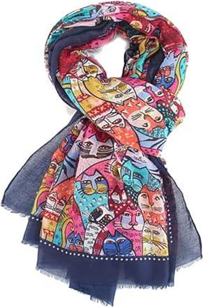GFM &Eacute;charpe &agrave; imprim&eacute; chat dessin anim&eacute; pour femme - Grande taille - Printemps &eacute;t&eacute; - Bordure Bleu marine - (CT-72-GHNL)