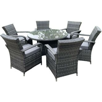 Fimous Rattan Gartenm&ouml;bel Essplatz Tisch und Stuhl Set Wicker Patio 6 St&uuml;hle Plus Runde Klar Geh&auml;rtetes Glas Tisch - Fimous