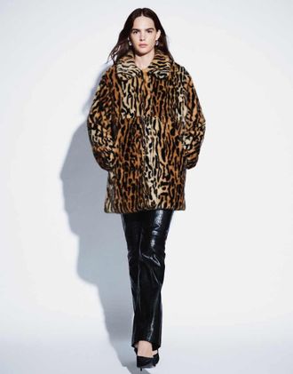 Asos Midi-Carcoat mit Kragen aus Kunstpelz im Animal-Print-Multi