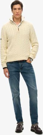 Superdry Cotton - Klassischer Strickpullover in Cremewei&szlig; mit Zopfmuster und halblangem Rei&szlig;verschluss