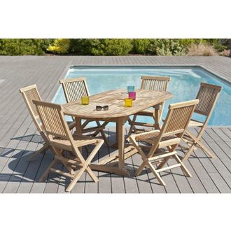 Macabane Fun - salon de jardin en bois teck 6/8 pers : Ensemble de jardin : 1 table ovale extensible 150200/90cm et 6 chaises