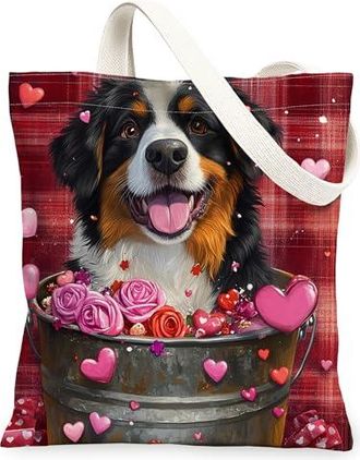 Generic Sac fourre-tout en toile pour le shopping - Motif chien de montagne bernois - 33 x 38 cm - Pour la Saint-Valentin - R&eacute;utilisable - Pour femme - D&eacute;cora