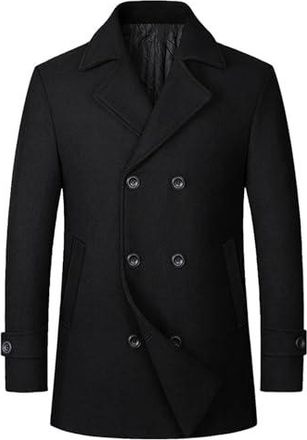 Generic Manteau &agrave; col blazer pour homme en laine m&eacute;lang&eacute;e classique &agrave; double boutonnage thermique matelass&eacute; doubl&eacute; Trench Coat, Noir, XXL