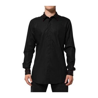 Dolce & Gabbana Schwarzes Verziertes Kragen Baumwollhemd - - Shirts - Herren - Schwarzk - 2XL