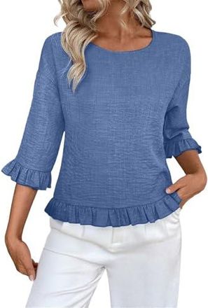 Generic Haut &agrave; manches 3 quarts en lin pour femme, chemisiers d&eacute;contract&eacute;s &agrave; col rond, chemises &agrave; &eacute;paules tombantes de couleur pure, haut tendance &agrave; ourlet &agrave; 