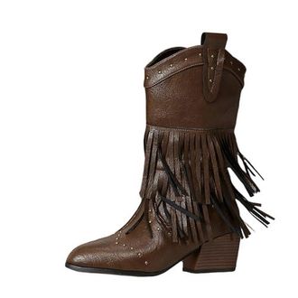 Generic Bottes de cowboy larges et d&eacute;contract&eacute;es mi-mollet pour femme - &Eacute;l&eacute;gantes franges - Bout pointu - Fermeture &eacute;clair lat&eacute;rale - Talon &eacute;pais - Confortabl