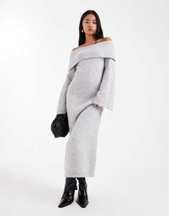 4th & Reckless Robe pull longue en maille toucher laine avec encolure Bardot rabattue et manches cloche - Gris