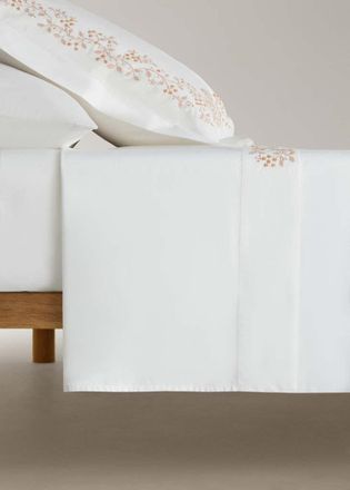 Mango Drap plat percale de coton broderie &agrave; la main petite fleur lit 150/160 cm orange pastel - Home - Lit 150/160 cm - MANGO HOME
