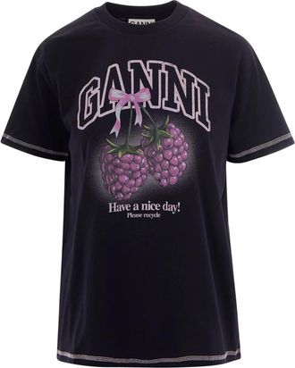 Ganni Femme, Tops, Noir, Taille: 36 FR Basic Cotton Jersey Raspberry Print