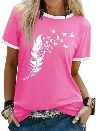 Dresswel T-shirt &agrave; manches courtes et col rond pour femme - Motif colombe de la paix et plumes, 2A rose fonc&eacute;, M
