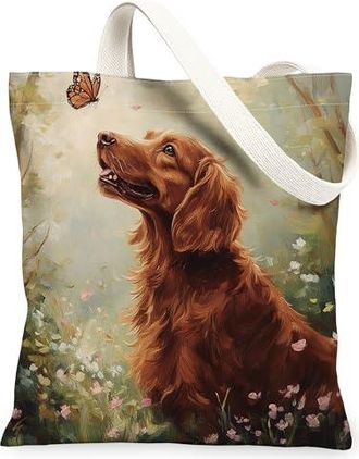 Generic Sac fourre-tout en toile motif chien Setter irlandais printanier 33 x 38,1 cm, sac d&eacute;picerie r&eacute;utilisable pour femme, animal de compagnie, motif de vo