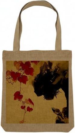 Fabulous Sac Shopping Tote Bag Aspect Lin - Estampe Japonaise 18 Petit Oiseau et Feuilles de Lierre Rouge Art D&eacute;licat Original Vintage - Sac de Courses Toile E