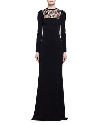 Alexander McQueen Long-Sleeve Butterfly Lace-Inset Gown Size S