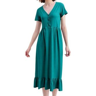 Generic Robe d&eacute;t&eacute; pour femme avec boutons de couleur unie, manches courtes, en coton et lin, patchwork pliss&eacute;, robe d&eacute;t&eacute;, robe boh&egrave;me, robe ample pour les vac
