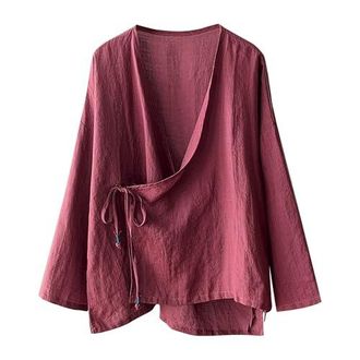Generic Chemisier Femmes Coton Et Lin Chic en D&eacute;contract&eacute; Chemises &Eacute;t&eacute; Manches Longues Et Col en V L&acirc;che Hauts L&eacute;gers Respirant Tunic &Agrave; La Mode Coton Lin Gran