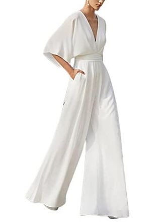 ORANDESIGNE Femmes Combinaison Manches Courtes Col en V Couleur Unie Barboteuse Jumpsuit &eacute;t&eacute; Chic Pantalon Large Taille Haute Casual Combishort avec Ceinture D&eacute;co