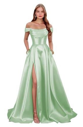 Generic Robes de bal en satin avec fente sans bretelles, corset trapèze, robes de bal à épaules dénudées, longues robes de soirée formelles avec poches, menth