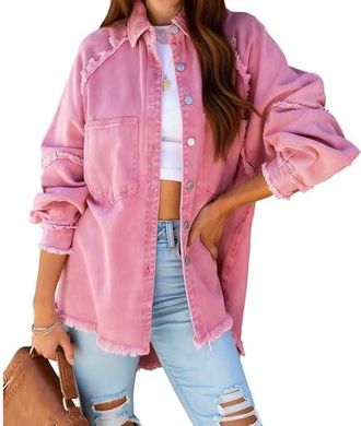 Generic Veste en jean surdimensionn&eacute;e pour femme avec ourlet effiloch&eacute; boutonn&eacute; sur le devant en jean manteau d&eacute;contract&eacute; western, rose, XXL