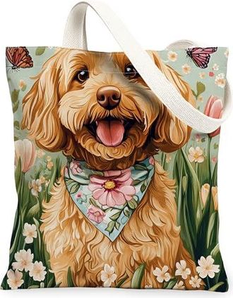 Generic Sac fourre-tout en toile motif chien griffonn&eacute; dor&eacute; printemps 33 x 38,1 cm, sac d&eacute;picerie r&eacute;utilisable &agrave; motif floral vintage pour femme, peinture dan