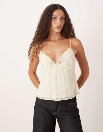 Abercrombie & Fitch Camisole in Weiß mit Perlenbesatz