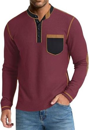 Generic Henley Chemises pour homme avec poche - T-shirt gaufr&eacute; &agrave; col montant - T-shirt &agrave; manches longues - T-shirt de golf d&eacute;contract&eacute; et respirant - Coupe dr