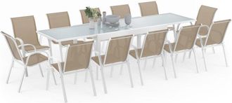 IDMarket Salon de jardin MADRID table extensible 135-270 CM et 12 chaises empilables blanc et beige