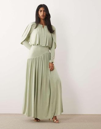 Daska Robe longue fronc&eacute;e &agrave; taille basse asym&eacute;trique et fente goutte deau - Sauge-Vert