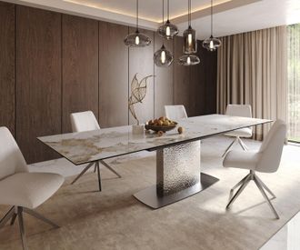 DELIFE Esstisch Edge 200-300x100 Keramik Minas Melange Weiß-Beige Wave Edelstahl ausziehbar, Esstische