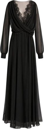 Alberta Ferretti Langes Seidenchiffon-Kleid mit Spitzeneins&auml;tzen - - Dresses - Damen - Schwarzk - L