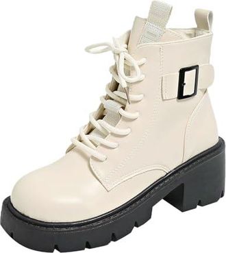 Generic Bottines &agrave; lacets pour femme - Tige large - Bottes &eacute;paisses en cuir - Bottes dhiver chaudes - Bottes dhiver mi-hautes - Bottes d&eacute;quitation &agrave; lacets - 