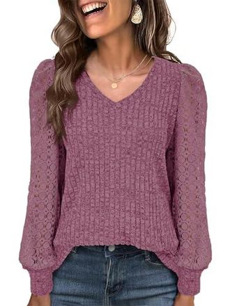 Generic Hauts d&eacute;t&eacute; d&eacute;contract&eacute;s et polyvalents pour femme, couleur unie, col en V, haut en dentelle, chemisiers en tricot c&ocirc;tel&eacute;, &agrave; manches longues, couche de