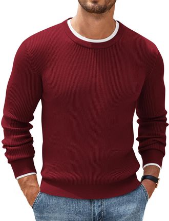 Coofandy Herren Pullover Rundausschnitt Strickpullover Langarm Feinstrick Pullover Sweater Langarmshirt Trendy Pullover Elastischer Pulli Weinrot 3XL