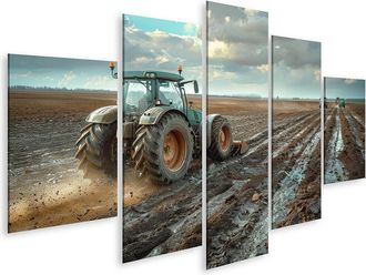 Islandburner Leinwandbild Traktor Auf Acker Unter Wolkenhimmel F&auml;hrt &Uuml;ber Feld - Leinwand 170x80cm - 5 Teile