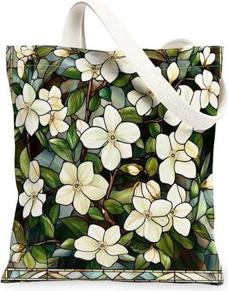 Generic Sac fourre-tout en toile pour le shopping, 33 x 38 cm, motif floral en verre teint&eacute; r&eacute;utilisable pour femme, sac fourre-tout amusant de luxe pour la p
