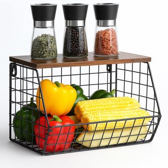 Relaxdays Obstkorb Wandregal, Ablagebrett, K&uuml;chenorganizer, HBT: 22x30x20 cm, Gitterkorb Metall, schwarz/Dunkelbraun