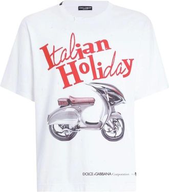 Dolce & Gabbana Homme, Tops, Blanc, Taille: S Italian Holiday Graphic T-Shirt