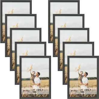 Woltu Lot de 10 Cadre Photo A4 21x29,7cm Cadre en Bois Massif avec Passe Partout, Suspendre Horizontalement ou Verticalement, Décoration Murale ou sur Table