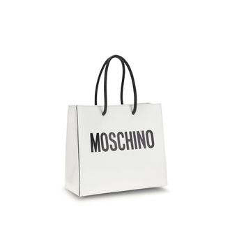 Moschino Womens Logo-Print Calf Leather Tote White Bos