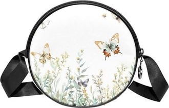 Generic Petit sac &agrave; bandouli&egrave;re rond pour femme, motif aquarelle, papillon, fleur, sac &agrave; dos avec fermeture &eacute;clair, bretelles r&eacute;glables, sac &agrave; main rond d&eacute;con