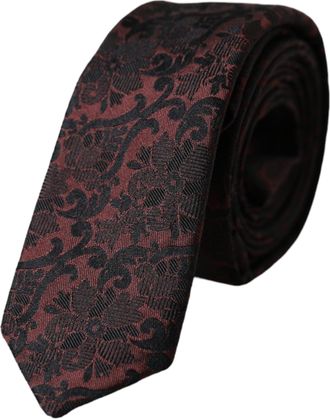 Dolce & Gabbana Maroon Floral Fantasy Silk Adjustable Men Tie