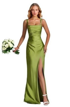 Generic Robe de demoiselle dhonneur en satin pour femme - Robe de bal sir&egrave;ne - Bretelles spaghetti - Corset long pliss&eacute; - Robe de soir&eacute;e formelle avec fente, 