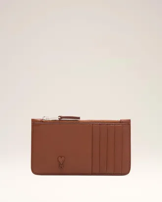 Ami Porte-Cartes Zipp&eacute; Ami De Coeur Marron en Cuir De Vachette Caramel - TU - Unisex