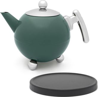 Bredemeijer große doppelwandige Teekanne 1.2 Liter - grüne Edelstahl Kanne ohne Filter & schwarzer Holzuntersetzer - ideal für losen Tee